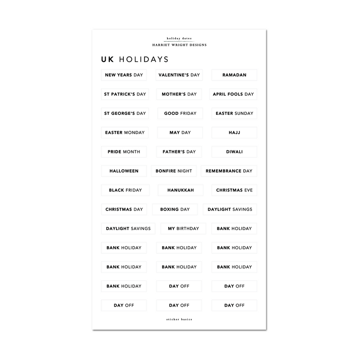 UK Holiday Dates | Sticker Basics – Harriet Wright Designs